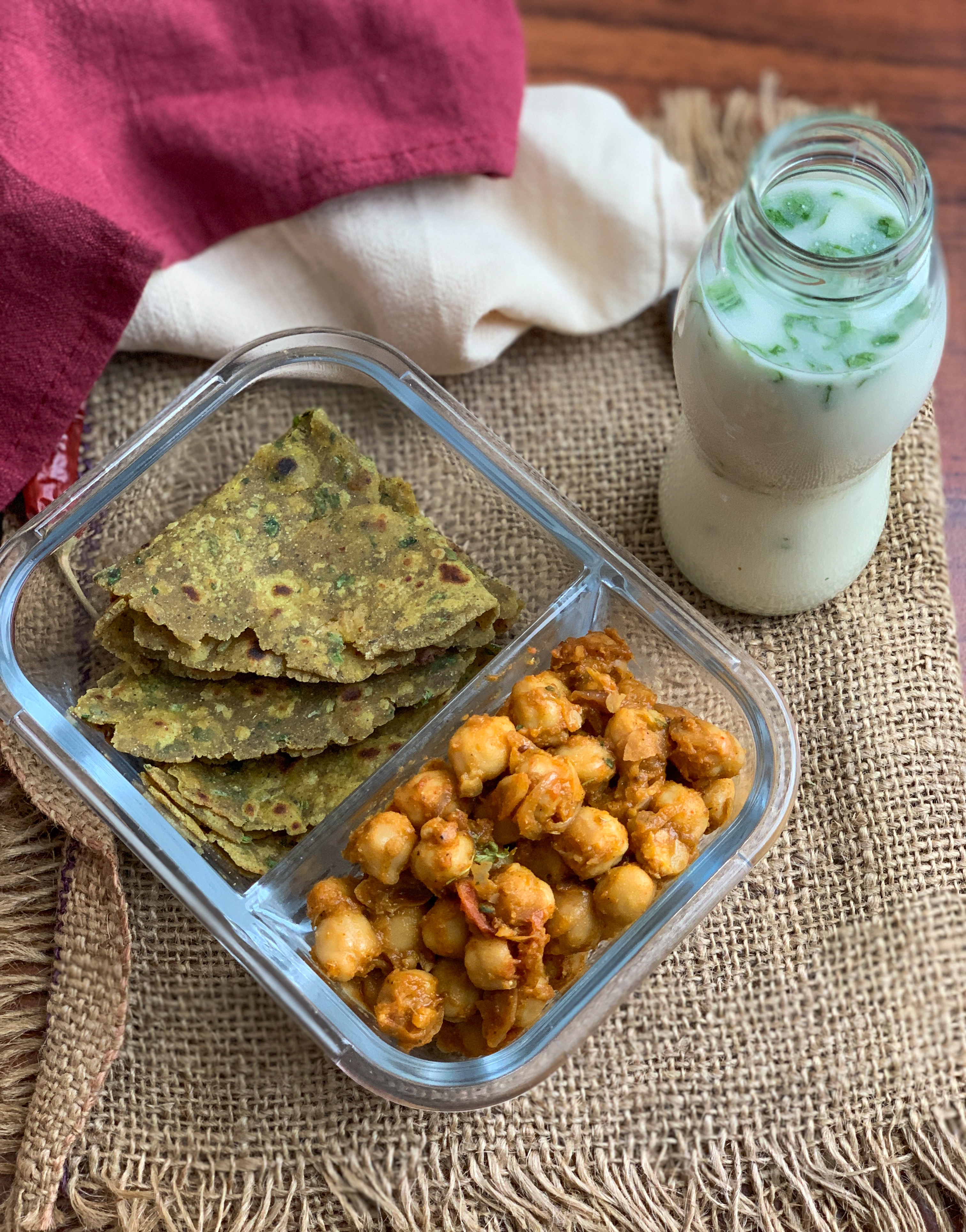 Office Lunch Box : Khatte Chole, Gehu Bajra Thepla And Masala Chaas ...
