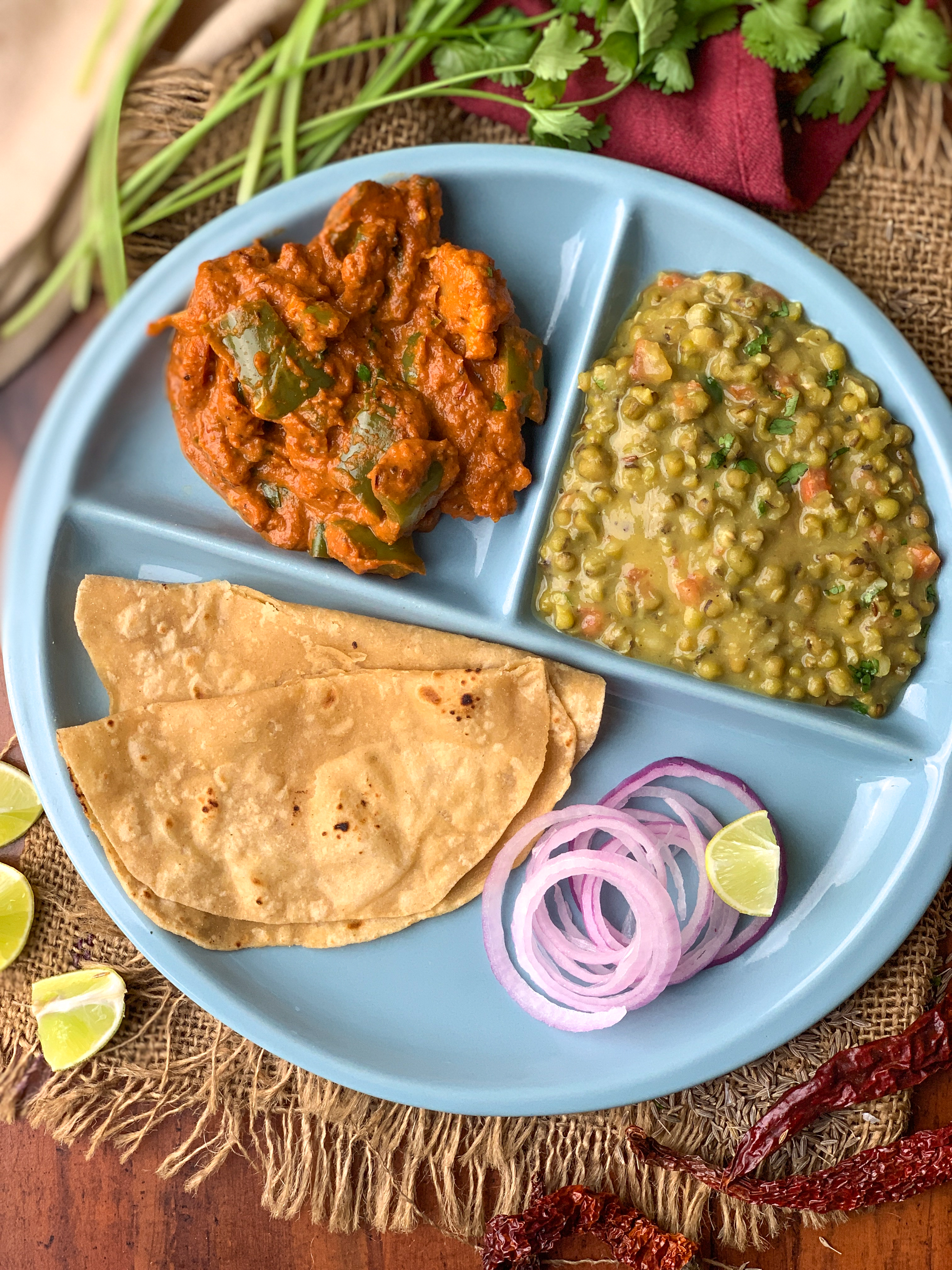 Mouthwatering North Indian Meal Of Dhaba Style Green Moong Dal Tadka ...